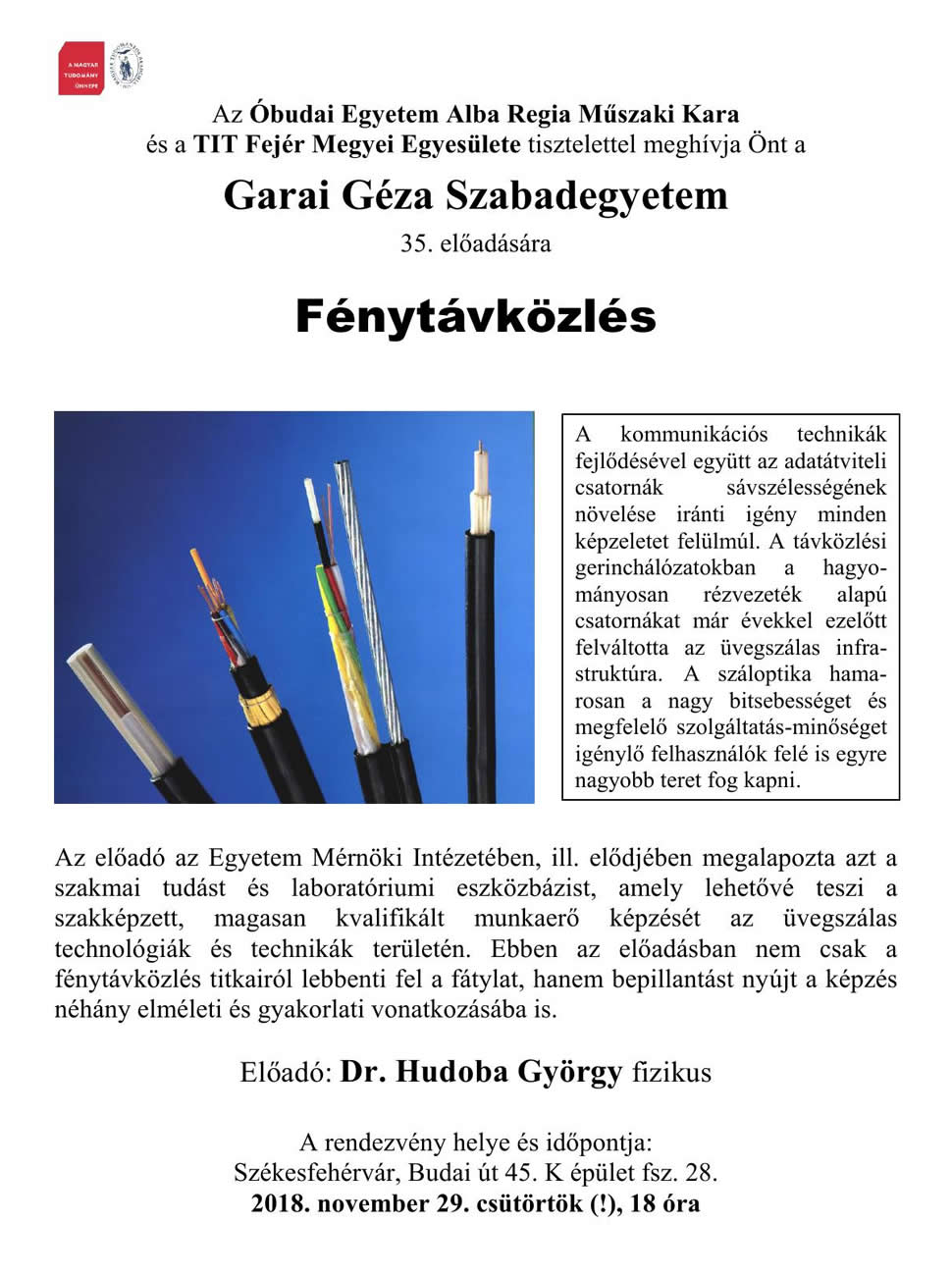 Dr. Hudoba György – Fénytávközlés – Óbudai Egyetem Alba Regia Kar
